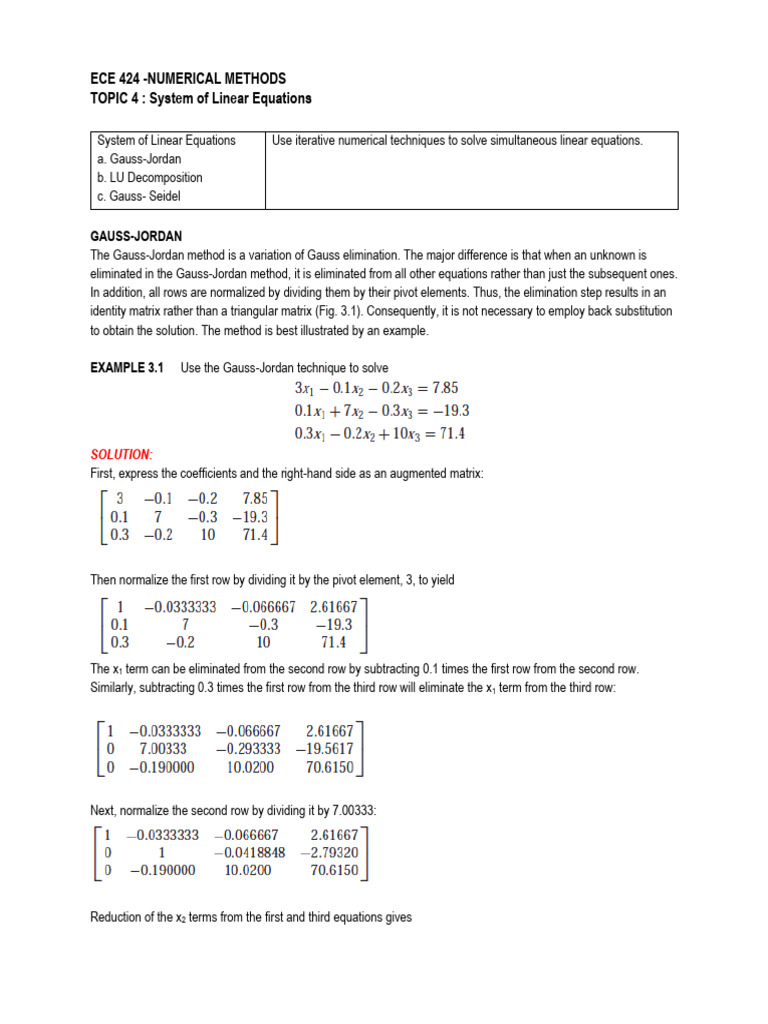 NUMERICAL METHODS Lecture 4 Simultaneous Linear Equations | PDF ...