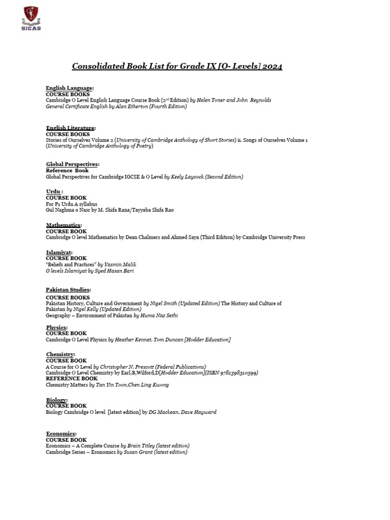Booklist O Level 2024 | PDF