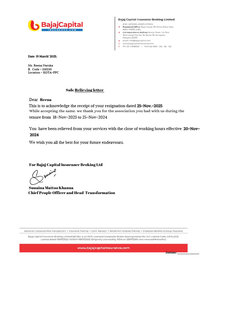 REENA Relieving Letter | PDF