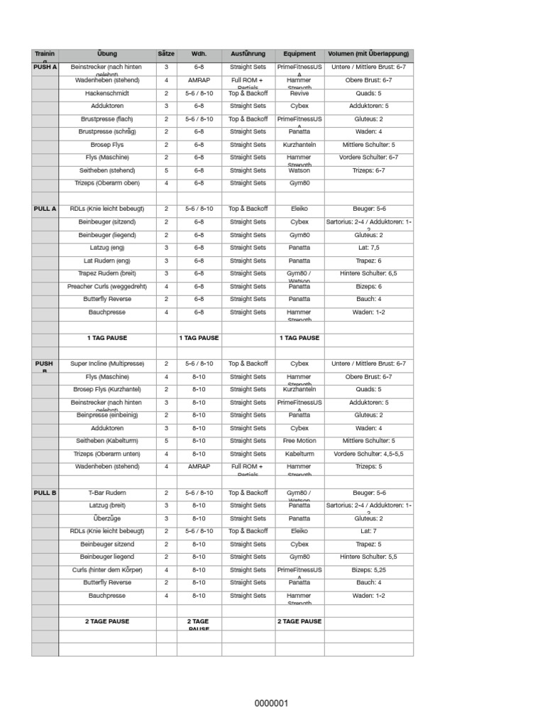 Push Pull Plan - XLSX - Blatt 1 | PDF | Weight Training | Lower Limb ...