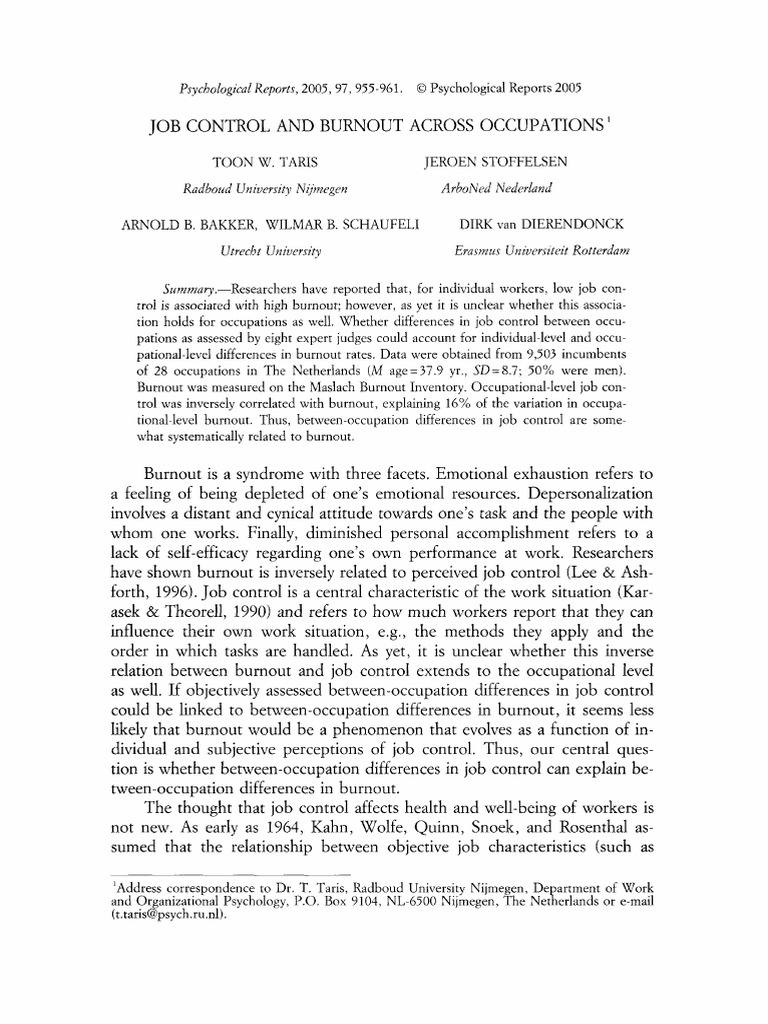 Job Control's Impact on Occupational Burnout | PDF | Occupational ...
