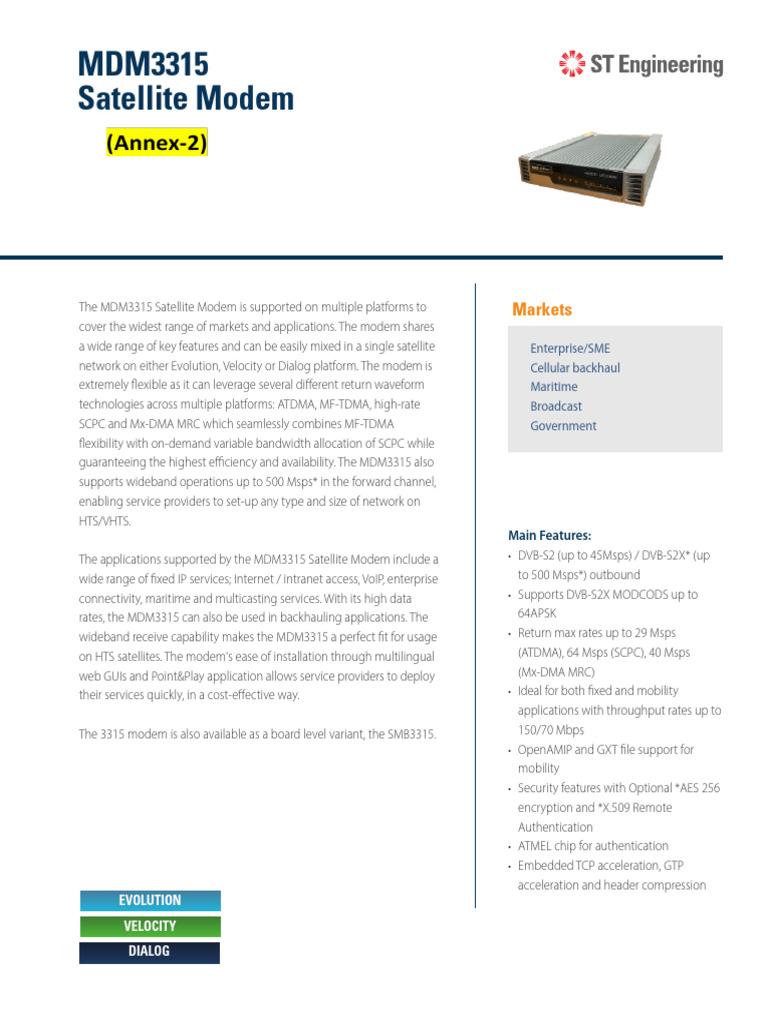 Satellite Modem MDM3315 Product Sheet | PDF | Modem | Computer Network