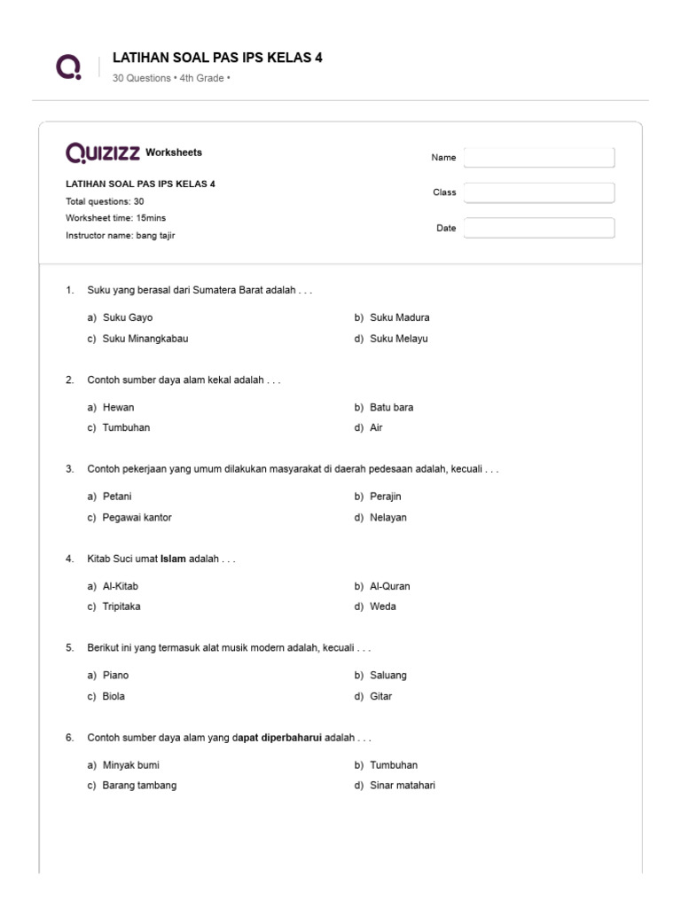 Latihan Soal Pas Ips Kelas 4 - Quizizz | PDF