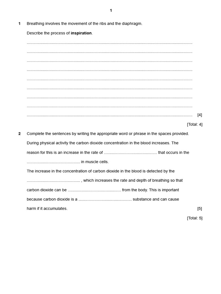 Respiration and Gaseous Exchange Worksheet | PDF | Breathing | Carbon ...