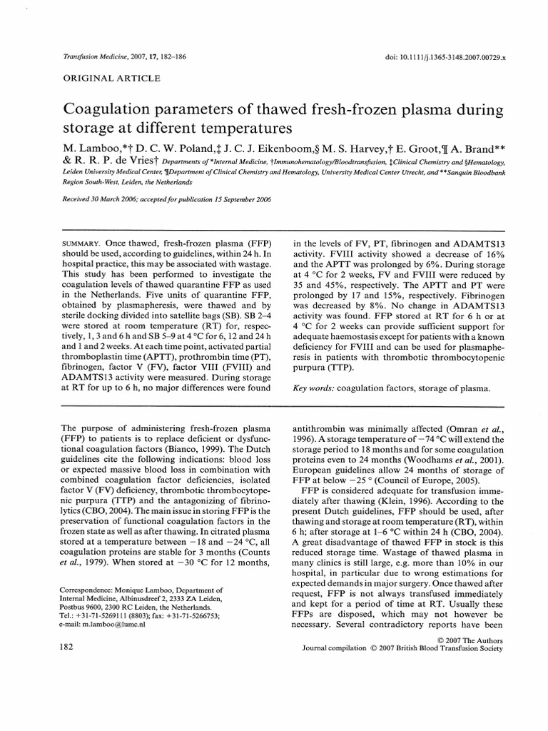 Coagulation Parameters of Thawed Fresh Frozen Plasma | PDF