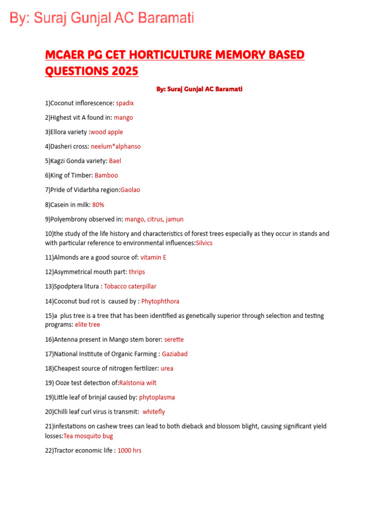 Horticulture 2025 Memory Based Questions - Watermark | PDF | Agriculture | Plants