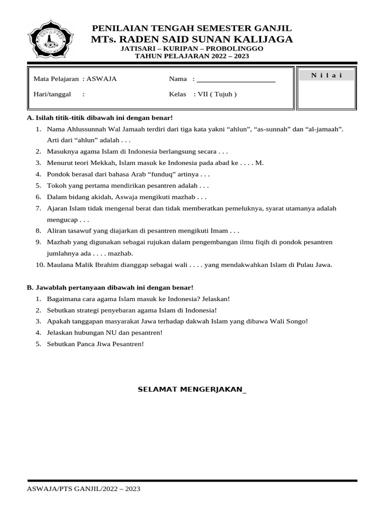 Soal Pts Aswaja Ganjil (2022-2023) | PDF