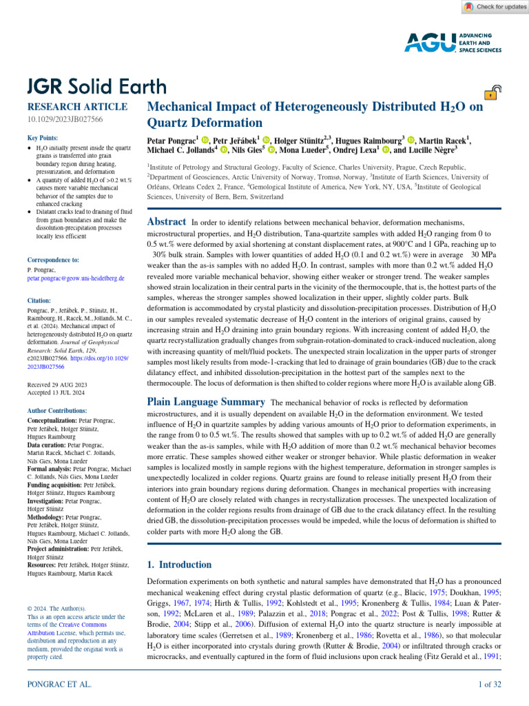JGR Solid Earth 2024 Pongrac Mechanical Impact of Heterogeneously Distributed H2O On Quartz ...