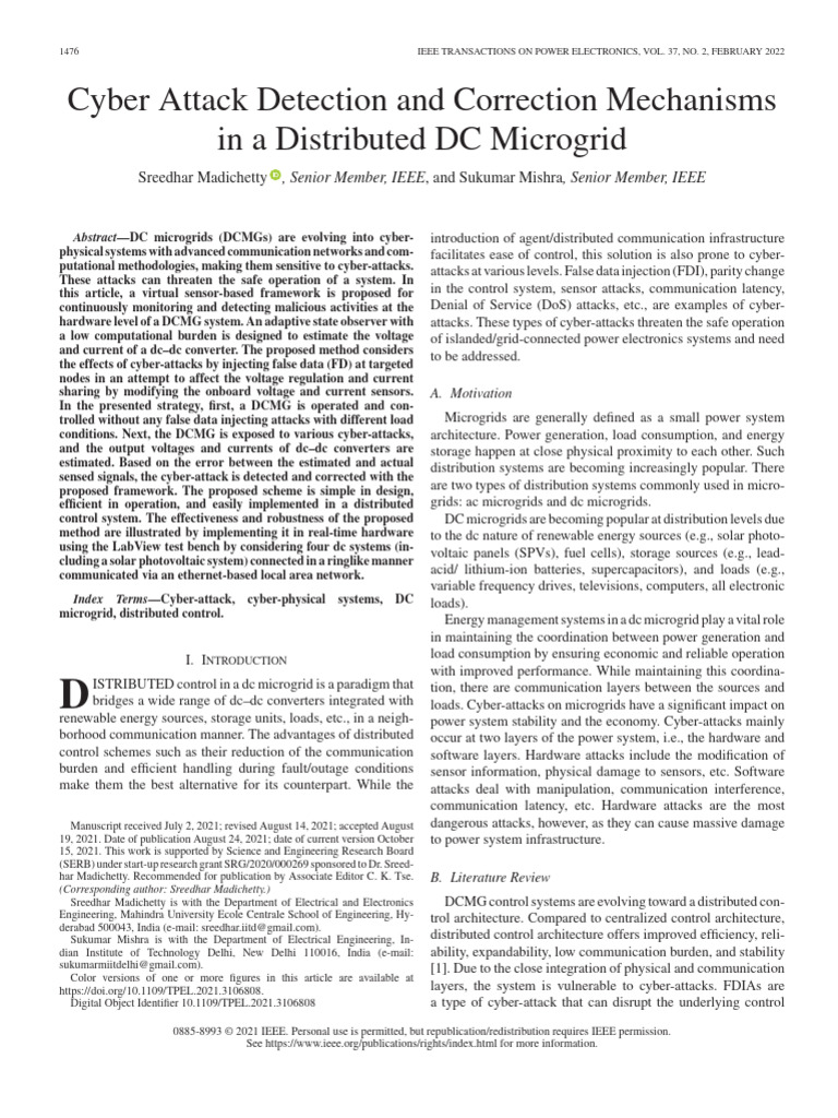 Cyber Attack Detection and Correction Mechanisms in A Distributed DC Microgrid | PDF | Direct ...