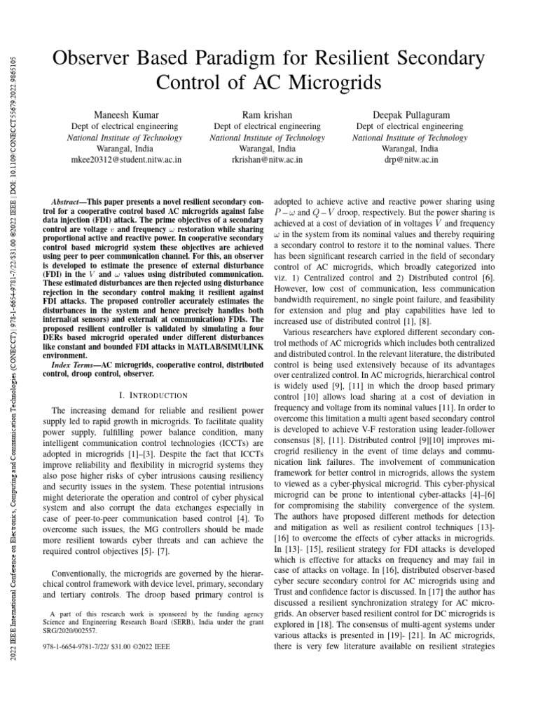 Observer Based Paradigm For Resilient Secondary Control of AC Microgrids | PDF