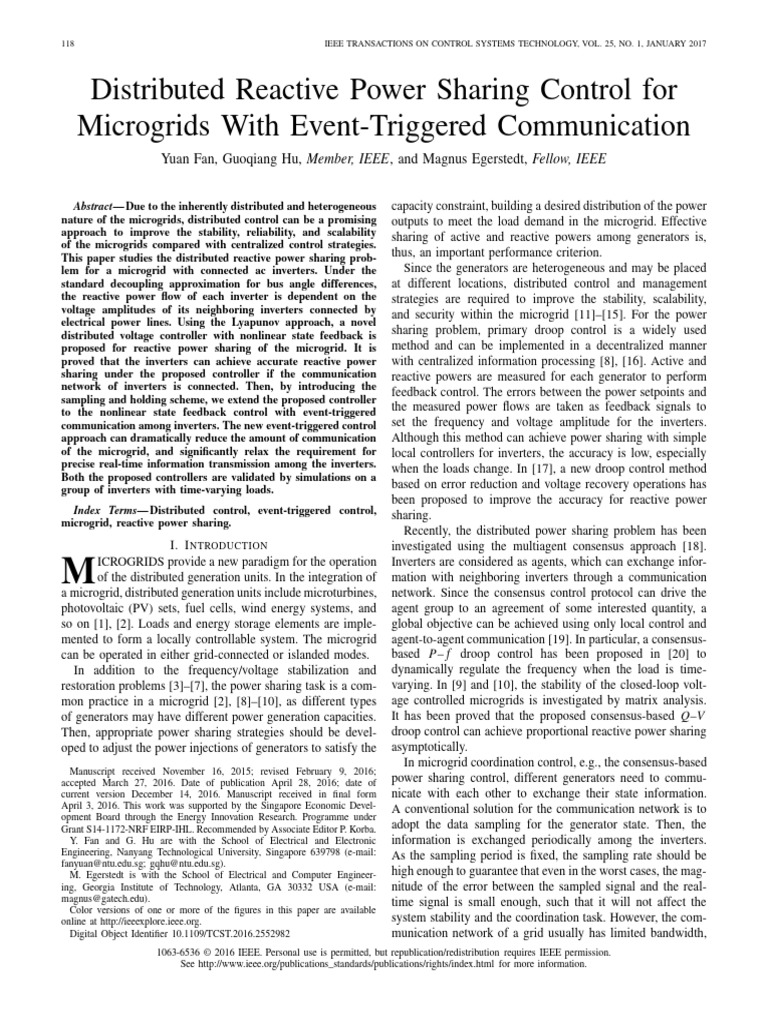 Distributed Reactive Power Sharing Control For Microgrids With Event-Triggered Communication ...