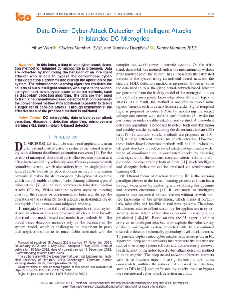 Data-Driven Cyber-Attack Detection of Intelligent Attacks in Islanded DC Microgrids | PDF ...