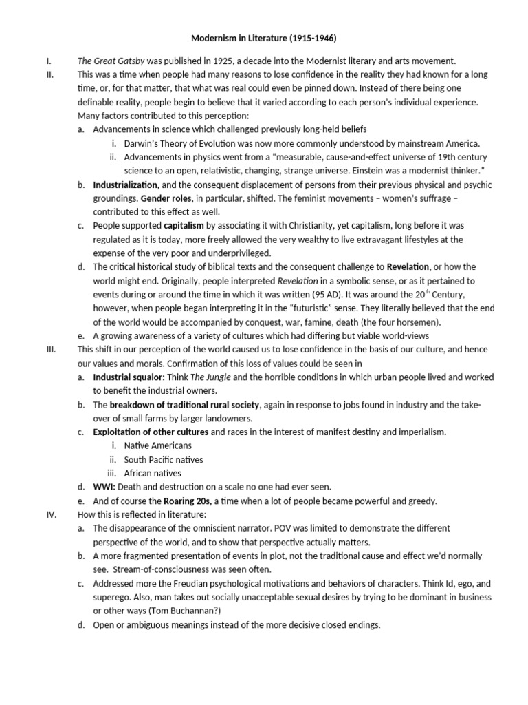 Modernism in The Great Gatsby Lecture-Notes | PDF | Modernism | Psychology