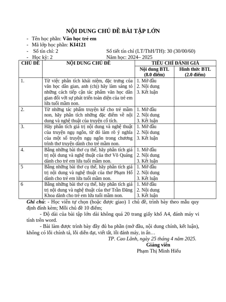 BTL VĂN HỌC TRẺ EM. KCQ hk2 2024 25 | PDF