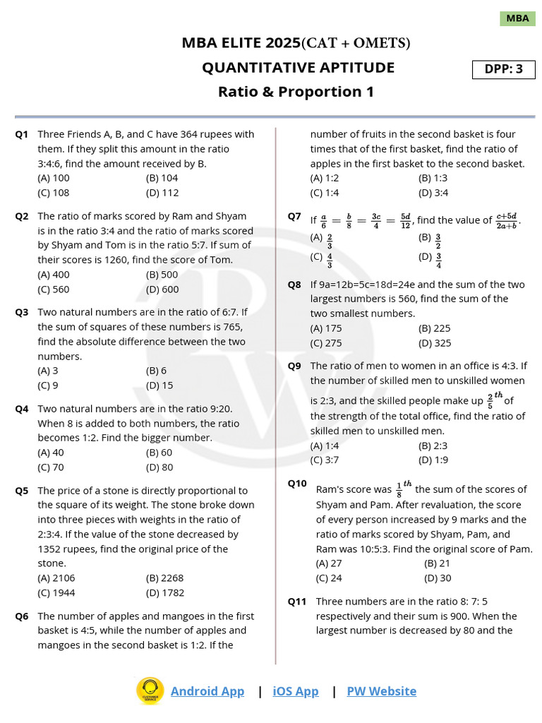 Quant I - DPP 03 - Mba Elite 2025 (Cat + Omets) | PDF | Ratio