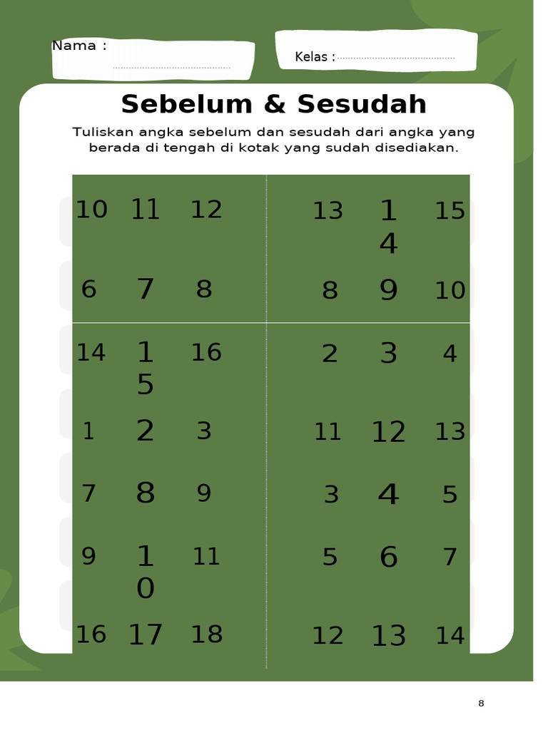 Lembar Kerja Menulis Urutan Angka Minimalis | PDF