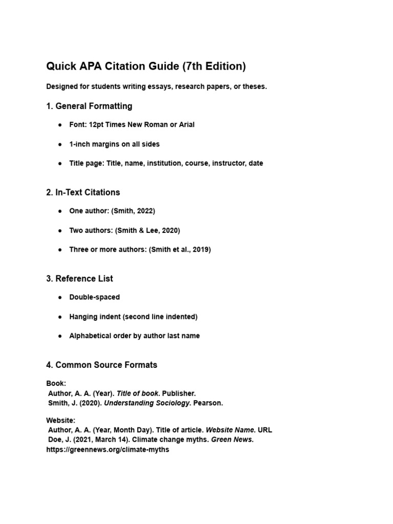 Quick APA Citation Guide (7th Edition) | PDF