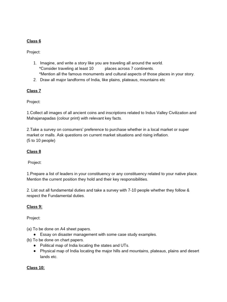 Social Science Holiday Homework For All Classes | PDF