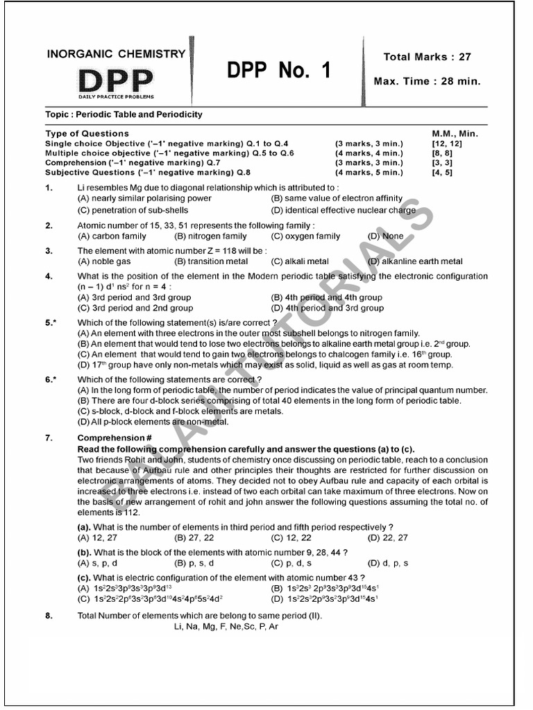 DPP No - 1.periodic Table and Periodicity - Split - 0 | PDF