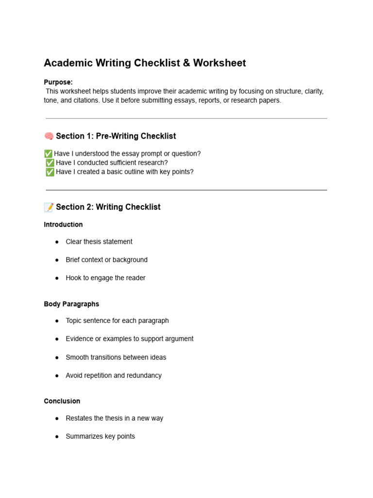 Academic Writing Checklist & Worksheet | PDF