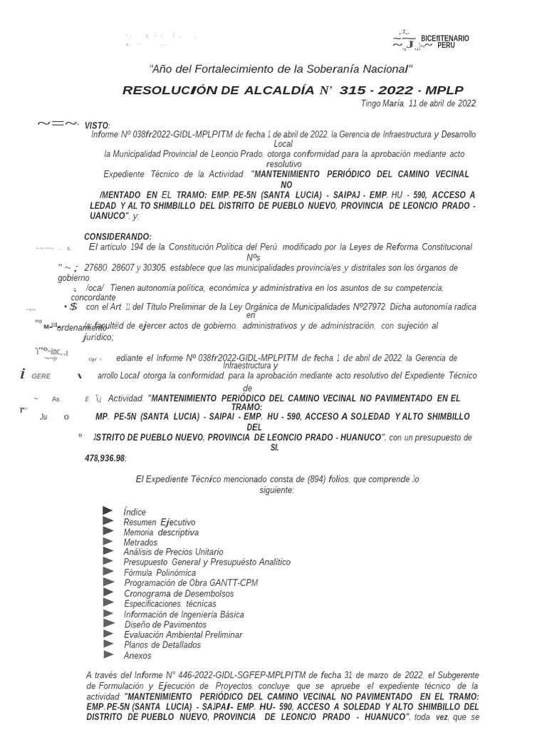 Resolucion de Alcaldia Nº315-2022-Mplp | PDF | Gobierno local ...