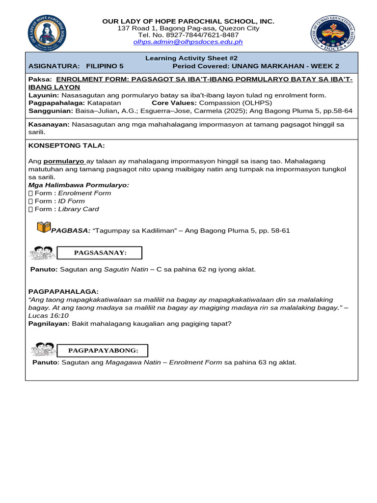 Fil5 - LAS 2 - Enrolment Form - Pagsagot Sa Iba - T-Ibang Pormularyo ...