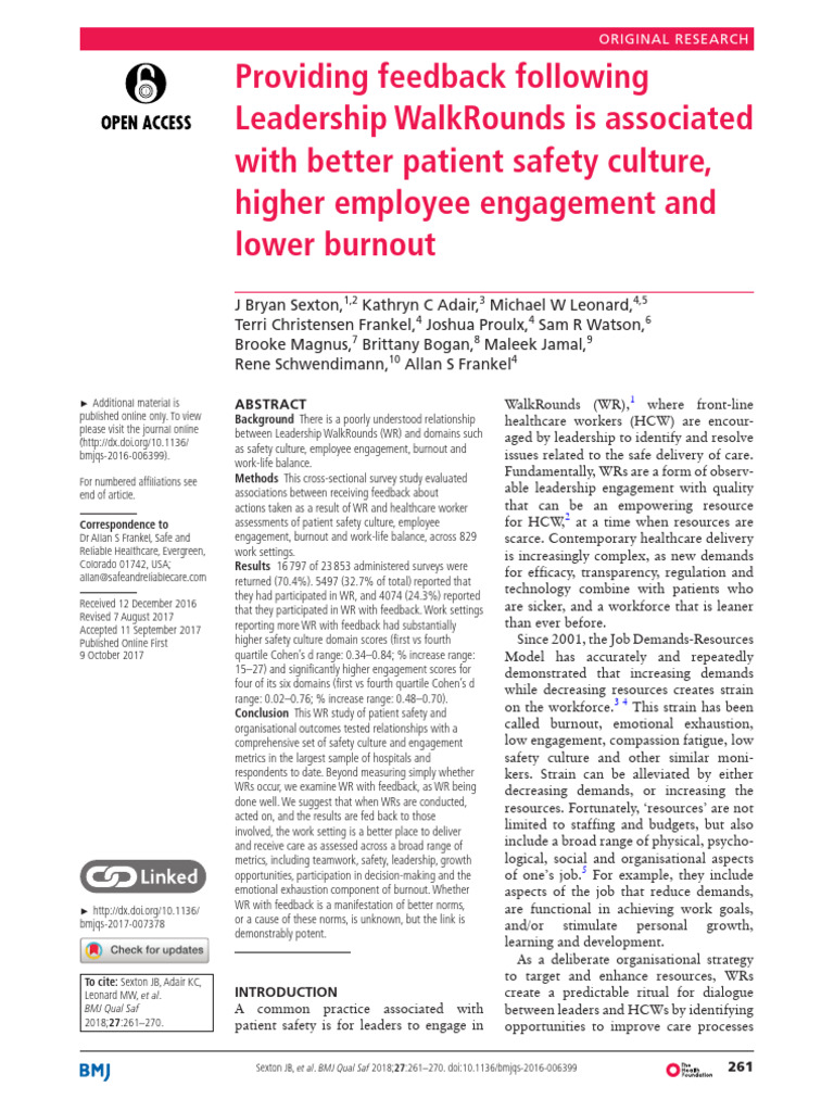 Providing Leadership WalkRounds | PDF | Occupational Burnout | Patient ...