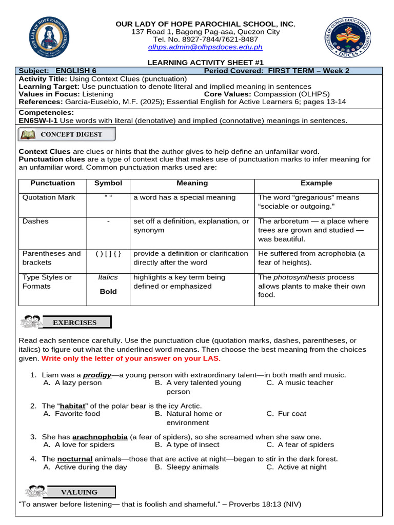 ENG6 - T1-W1-Using Context Clues (Punctuation) | PDF | Bracket | Punctuation