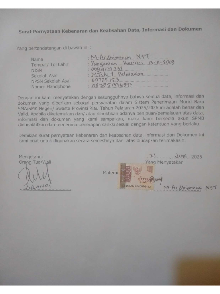 Surat Pernyataan Ardhi Annas | PDF