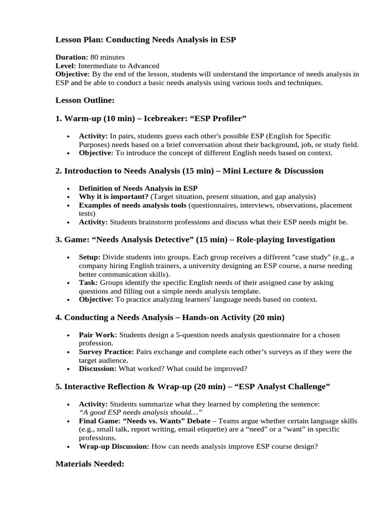 Lesson Plan Needs Analysis | PDF | Lesson Plan | Questionnaire