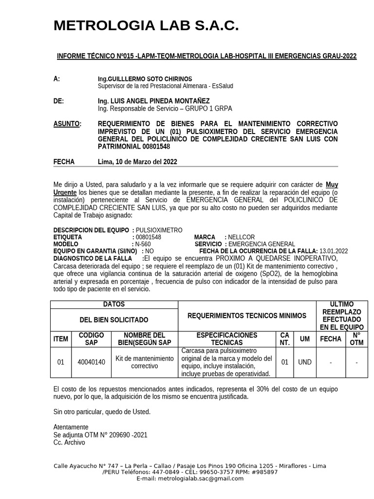 Inf Tec N°015 - Lapr-2022-Pulsioximetro Corregido - 00801548 | PDF
