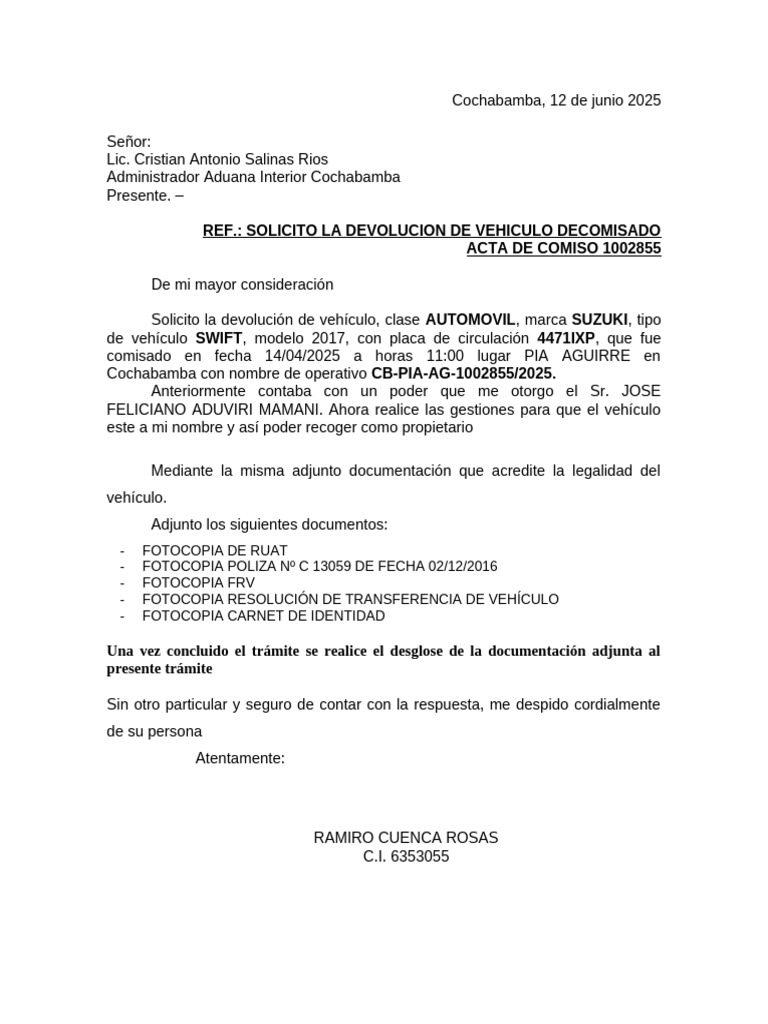 Solicito Devolucion de Vehículo Comisado 24 | PDF