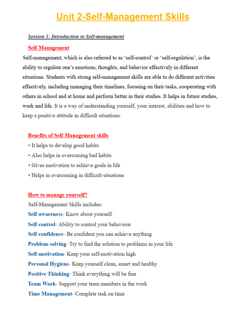 Self Management Skills-Grade 9 - Notes | PDF | Hygiene | Optimism