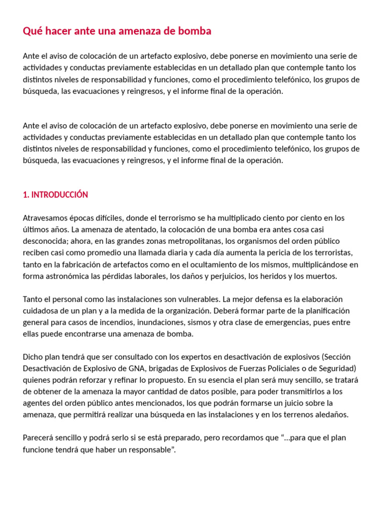Protocolo ante amenazas de bomba | PDF | Bomba | Policía