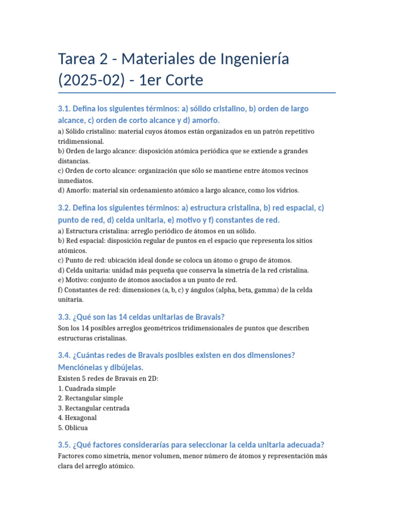 Tarea 2 Materiales Ingenieria COMPLETO | PDF | Química analítica | Física de la Materia Condensada