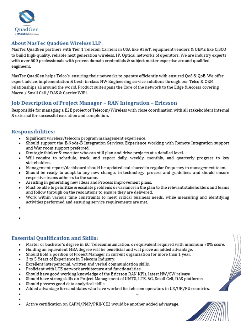 JD - Project Manager - RAN Integration - Ericsson V3 | PDF | Computing ...