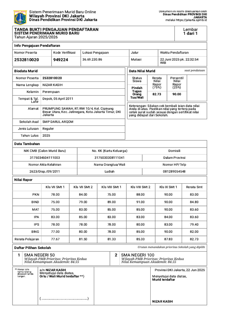 Tanda Bukti Pengajuan Pendaftaran - 2532810020 - NIZAR KASIH | PDF
