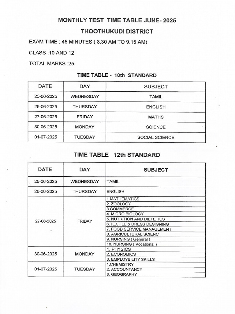 June Monthly Test Time Table | PDF