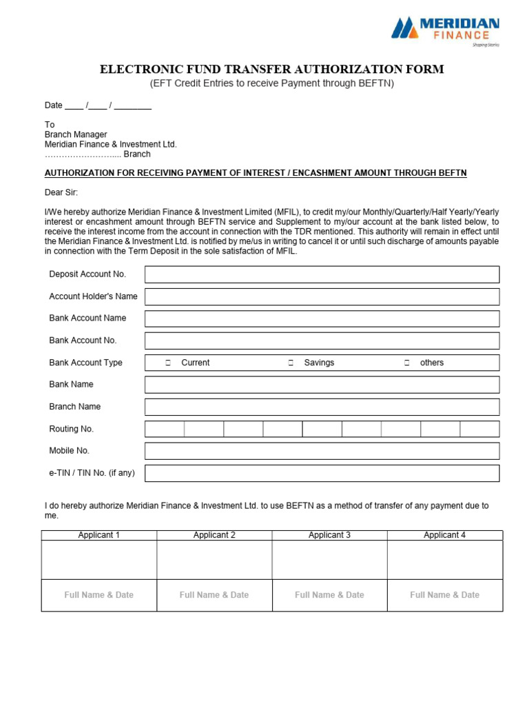 Electronic Fund Transfer Authorization Form | PDF
