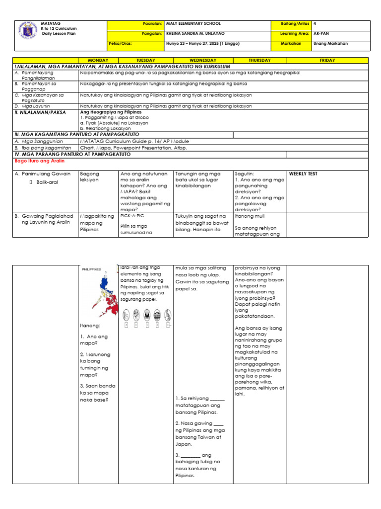 Unlayao - Matatag DLL Week 1 AP g4 | PDF