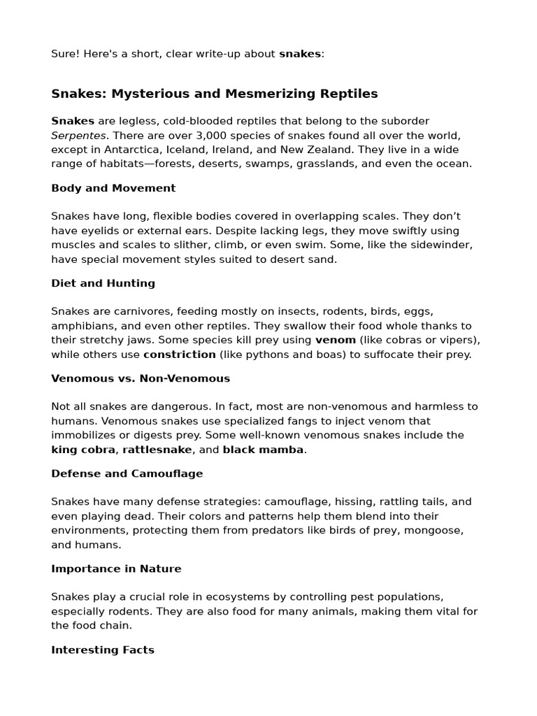 Snakes - Cold Blooded Reptiles | PDF