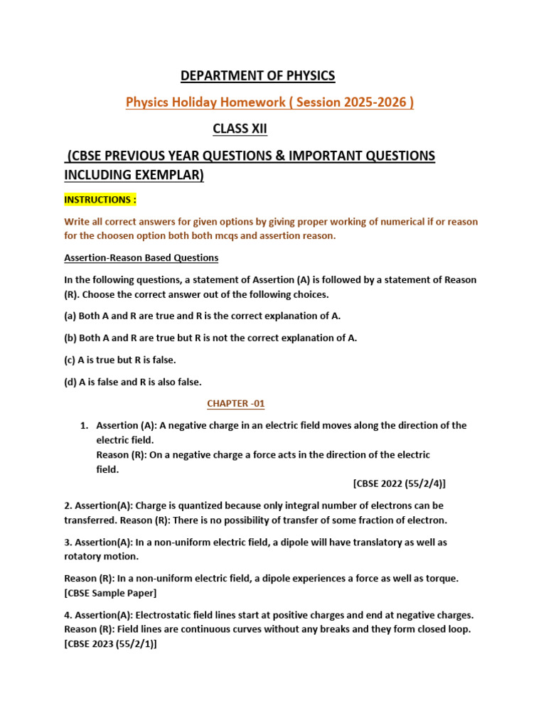 Class Xii Physics Holiday Homework 2025-2026-2 | PDF | Capacitance ...