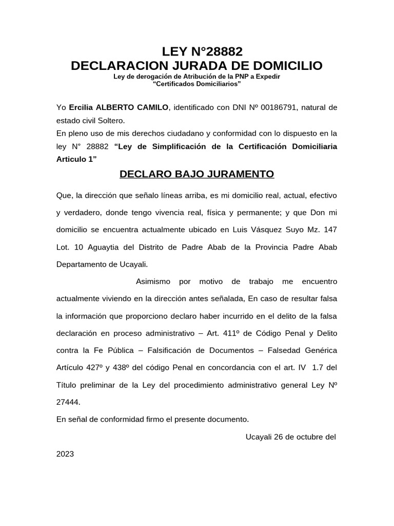Declaracion Jurada de Domciilio | PDF