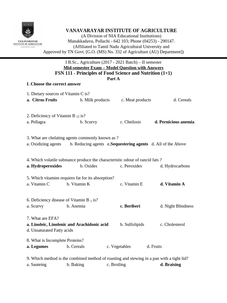 Model Question Paper FSN 111 (1+1) - I BSC Agri (II Sem) | PDF | Foods | Vitamin