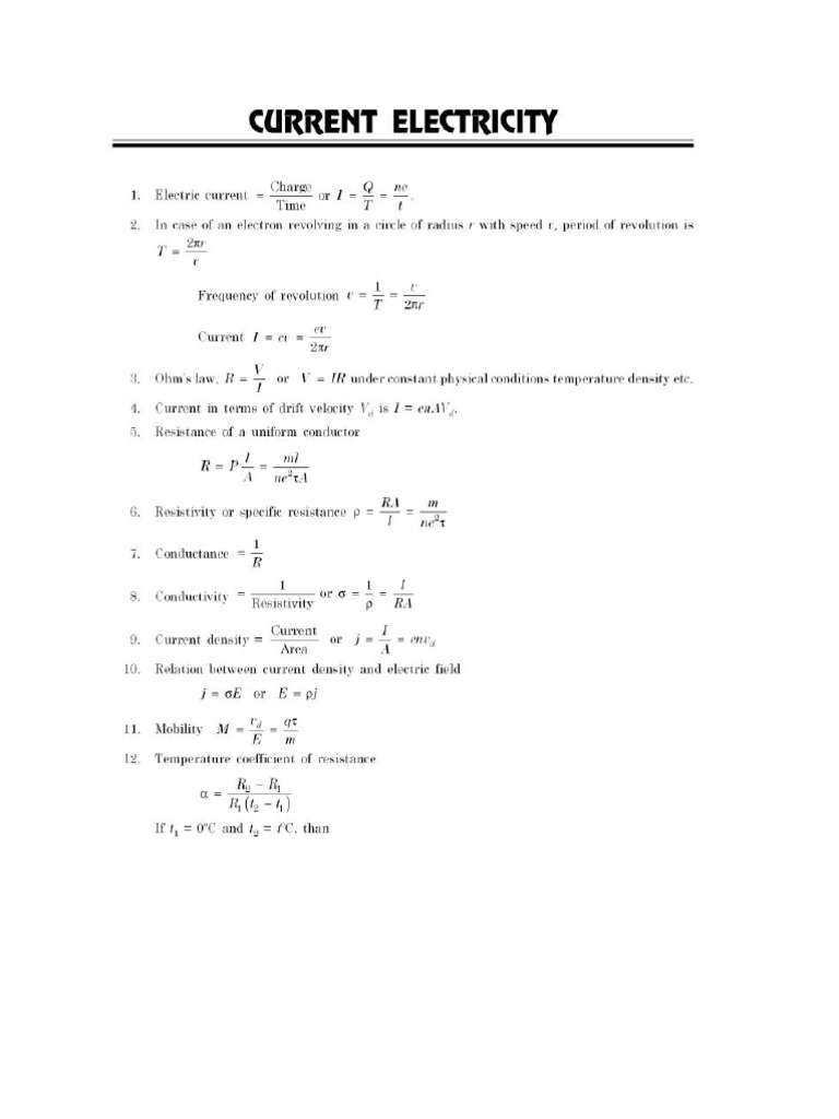 Formulas of Chapter Current Electricity | PDF