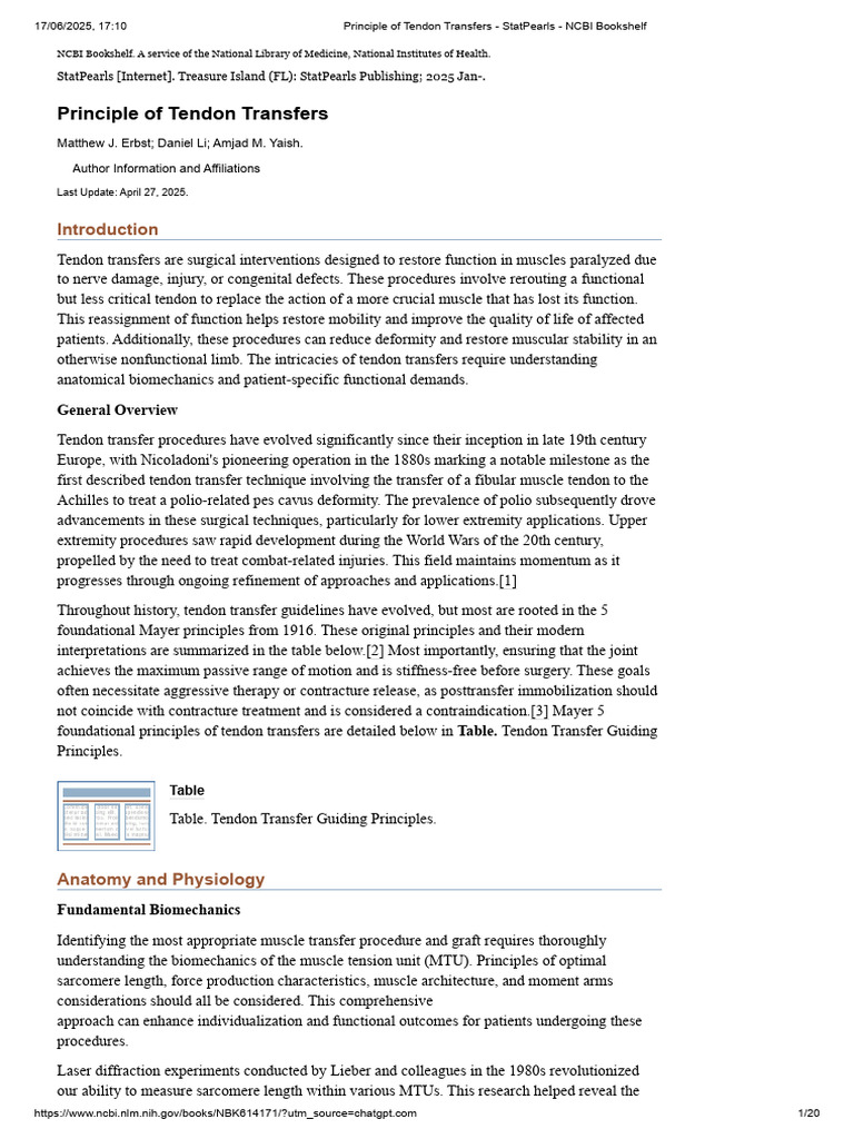 Principle of Tendon Transfers - StatPearls - NCBI Bookshelf - 13 | PDF ...