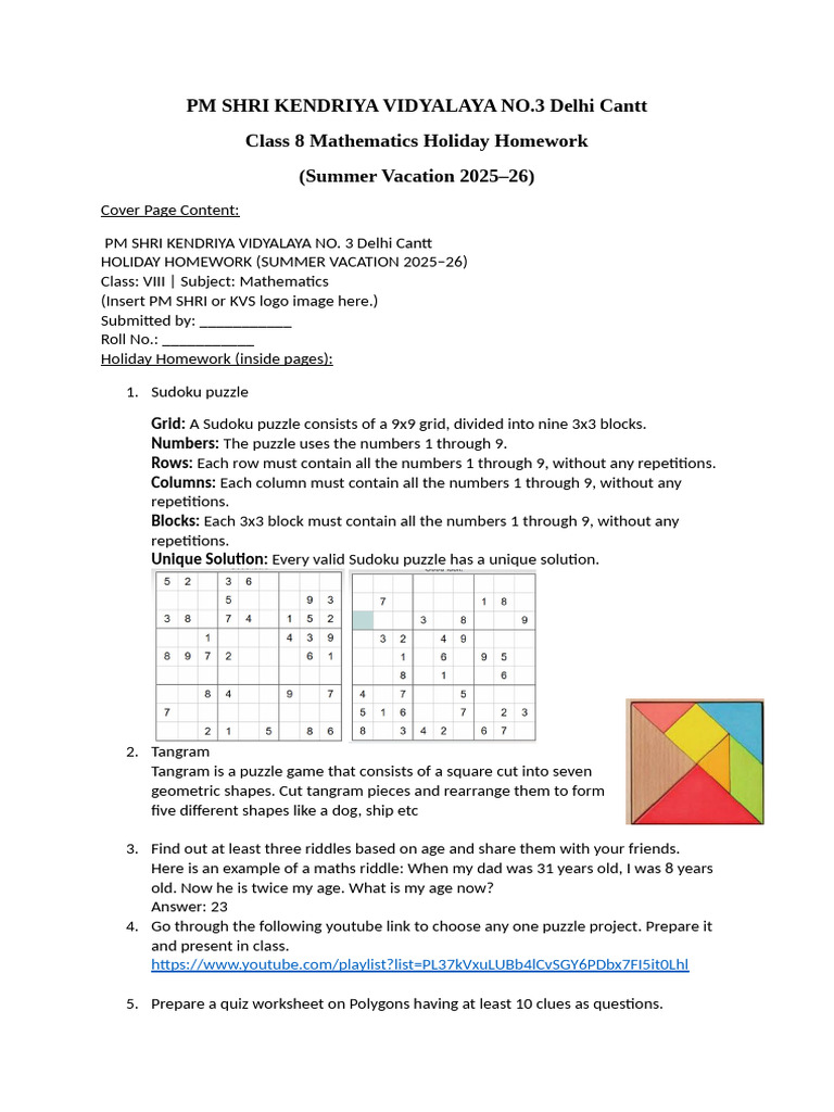 Class 8 Summer Holiday Homework 2025-26 | PDF