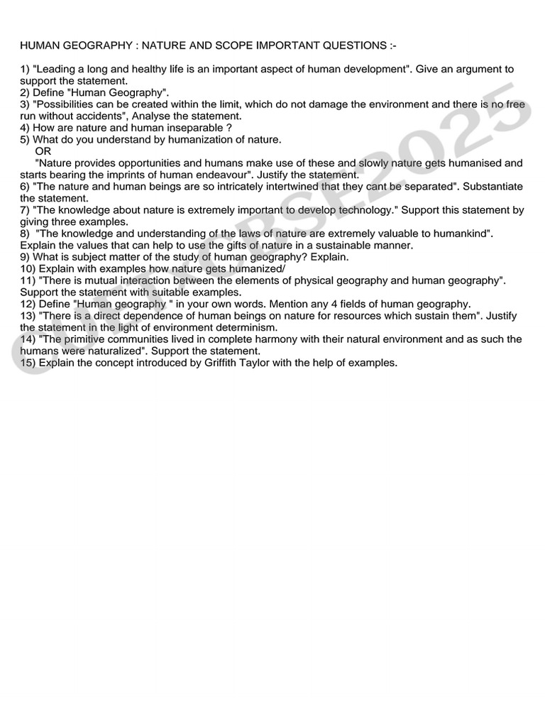 Human Geography Nature and Scope Imp Ques | PDF