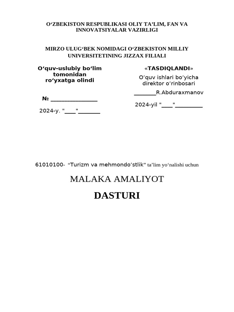 AMALIYOT Dasturi 1-Kurs Turizm | PDF