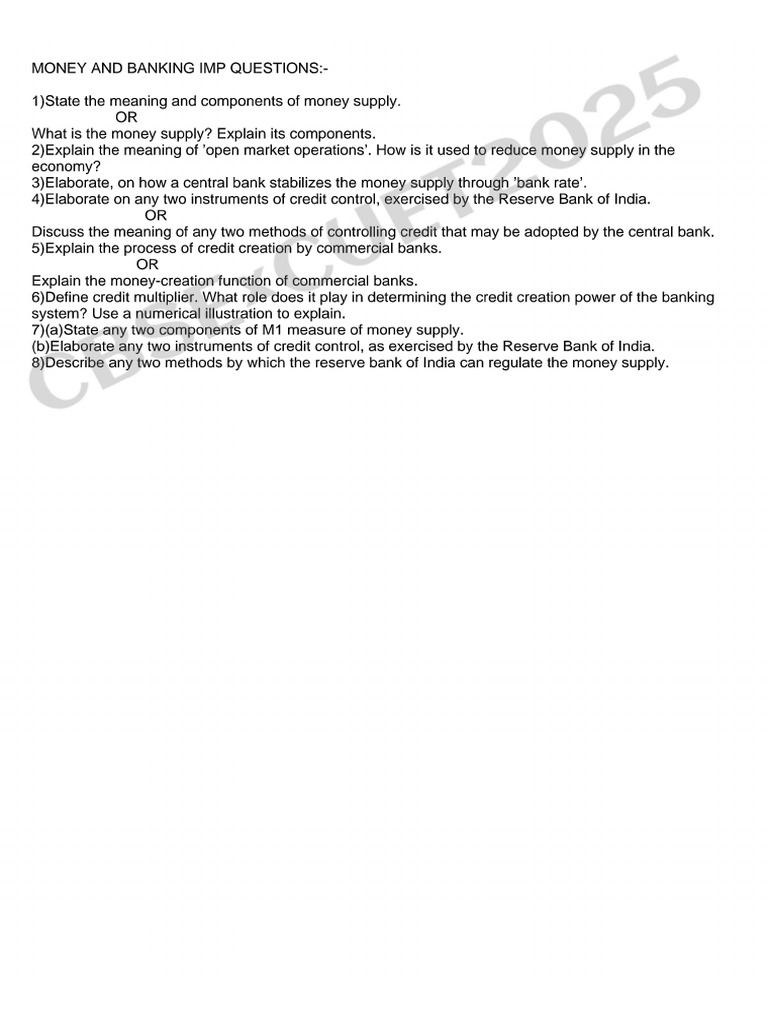 Money and Banking Imp Ques | PDF